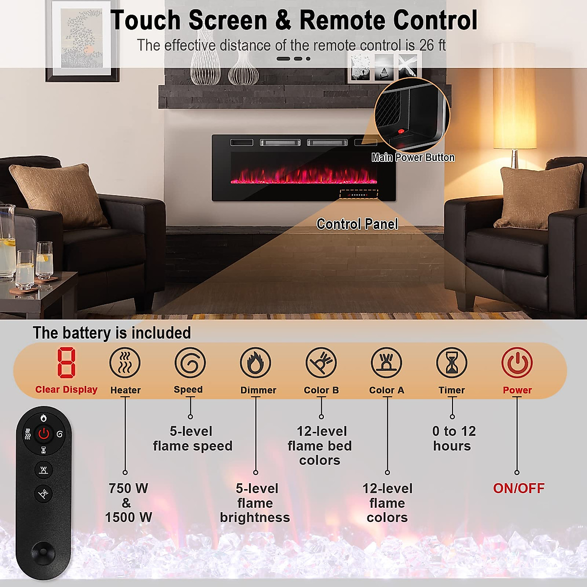 Tangkula 50 inches Electric Fireplace Insert, 3.19 Inches Ultra Thin Recessed & Wall Mounted 1400W Fireplace with Adjustable Flame Color & Speed, 12 H Timer,Remote Control,Touch Screen and WiFi App