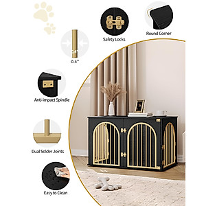 Hzuaneri 39.4'' Wooden Dog Crate Furniture TV Stand, Indoor Dog Kennel for Small/Medium/Large Dogs, End Side Table Dog Crates, Anti-Chew, Anti-Escape, Arched Door Design, Black Gold DFC84104A