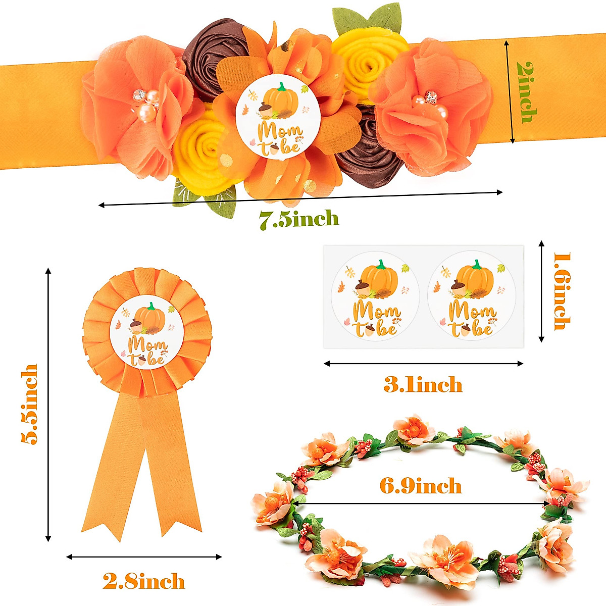 5Pcs Pumpkin Maternity Sash Set, Happy Fall Theme Mom to Be & Daddy to Be Corsage Pins, Flower Crown and Pregnancy Sash Keepsake for Autumn Pumpkin Gender Reveal Baby Shower Party Photo Prop Gift
