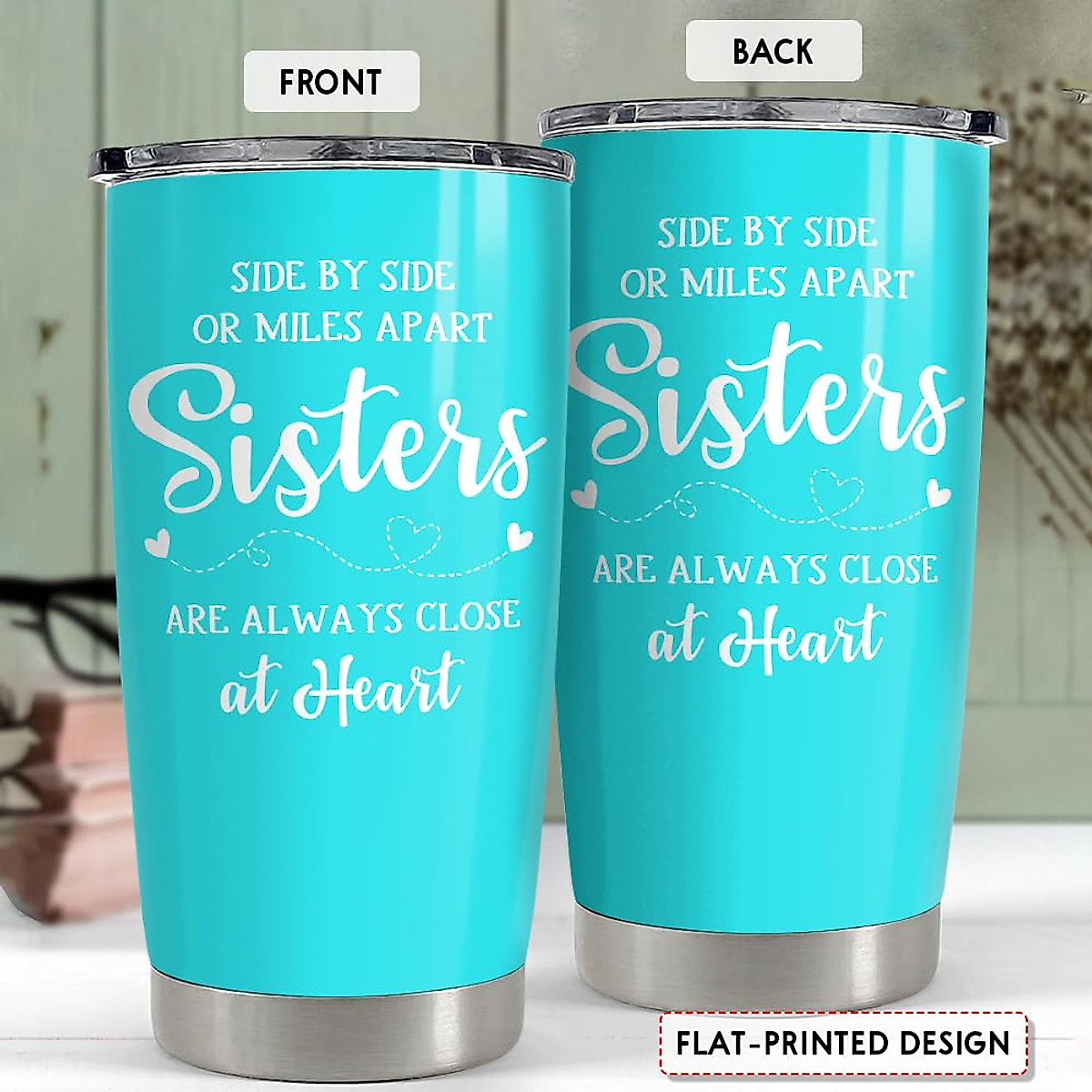 SANDJEST Sister Birthday Gifts from Sister Tumbler Side by Side Close At Heart - 20 oz Silk Printing Mint Stainless Steel Insulated Travel Mug | Christmas Tumblers Gifts from Brothers, Sisters