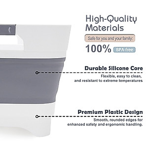 Goderewild 2024 Upgraded 2.4 Gal (9L) Collapsible Dish Basin with Drain Plug, Space Saving Multiuse Foldable Sink Tub, Dishpan, Beverage Tubs for Camping, Vegetable Washing, RV (Gray)