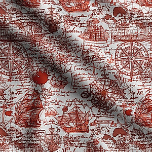 Soimoi Cotton Poplin Fabric Ship & Direction Compass Nautical Print Fabric by Yard 42 Inch Wide