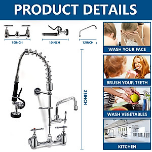 MYWHITENG Commercial Kitchen Faucet with Sprayer, 8 Inch Adjustable Wall Mounted Restaurant Faucets 12" Spout Pull-Down PreRinse Faucet 25” Height Suitable for 1, 2 or 3 Compartment Sink (Solid Brass)