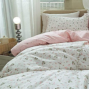 Girl Floral Duvet Cover Twin Pink White Flower Print Bedding Sets Garden Style Floral Comforter Cover Cotton Aesthetic Bedding Cover Chic Floral Bedroom Collection 1 Duvet Cover with 2 Pillowcases