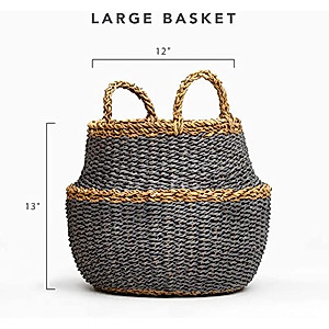 Fab Habitat Large Storage Basket with Handles - Handmade, Natural, Seagrass - Wicker Organizer for Blankets, Towels, Pillows, Toys, Laundry, Baby, Kids, Plants, Home Décor - Fez - Dark L