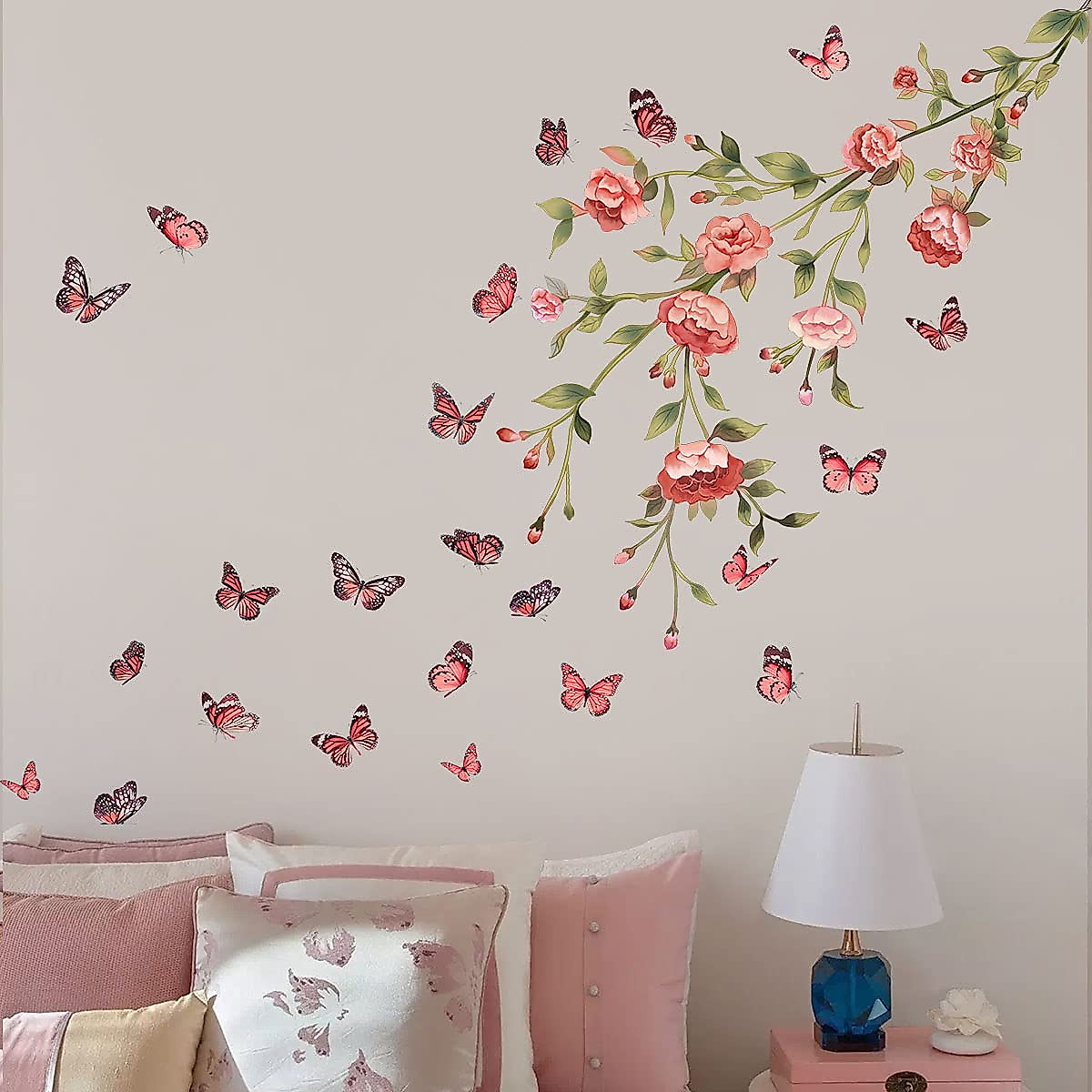 Cute Peony Flower Wall Decals Pink Rose Floral Wall Decals Butterfly Wall Stickers Removable Peel and Stick for Kids Room Bedroom Living Room Garden Backyard Wall Decoration