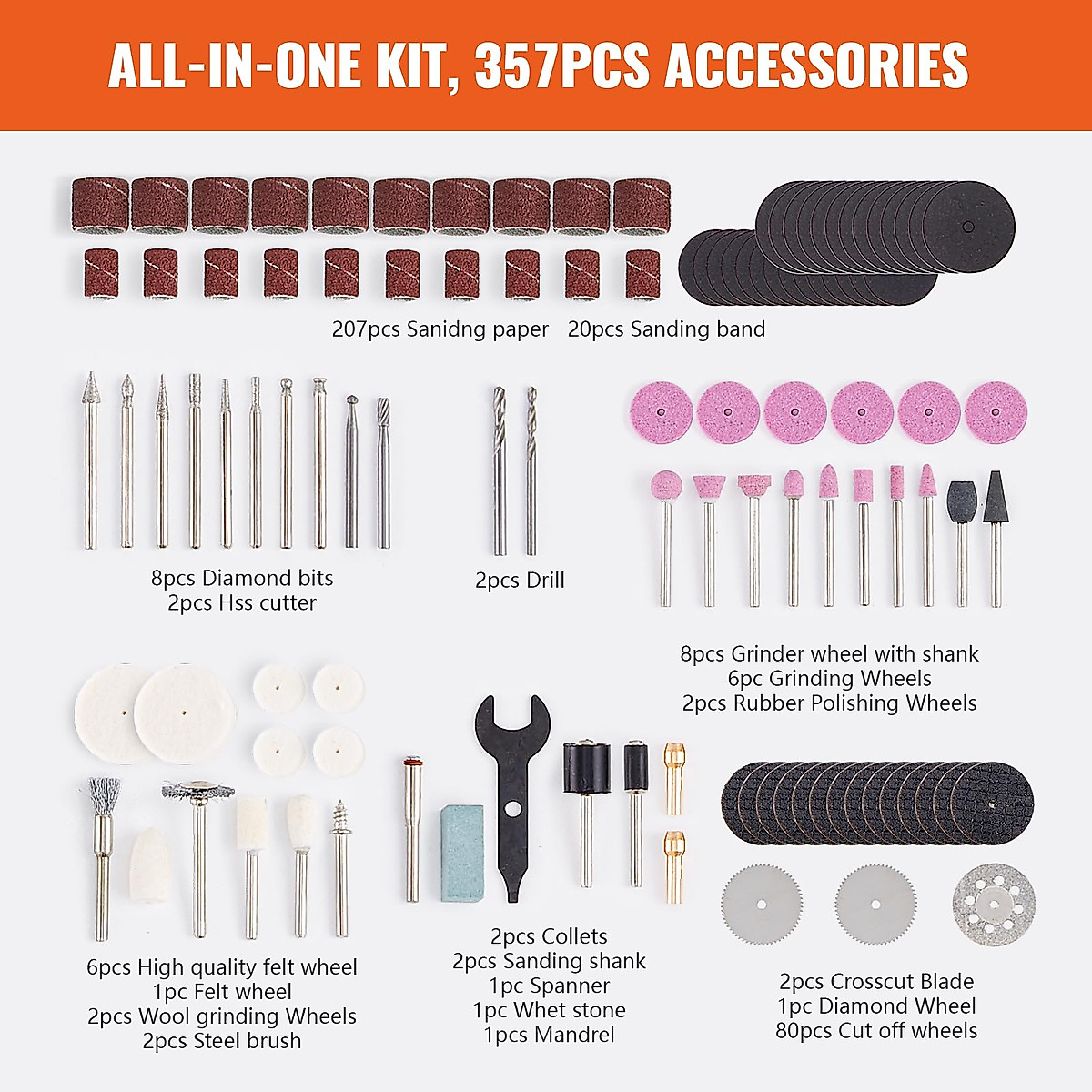 VEVOR Rotary Tool Accessory Kit, 357PCS Accessories Kit, 1/8" Diameter Shank, Universal Fitment Power Rotary Tool Accessories Set for Grinding, Carving, Sanding, Cutting, Drilling