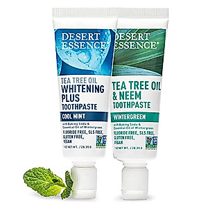 Desert Essence Tea Tree Oil Whitening Toothpaste Travel Size, 1 oz - Flouride Free, Gluten Free, Vegan, Non-GMO - with Bamboo Stem Fiber, Baking Soda, Tea Tree Oil for Whitening Teeth & Fresh Breath