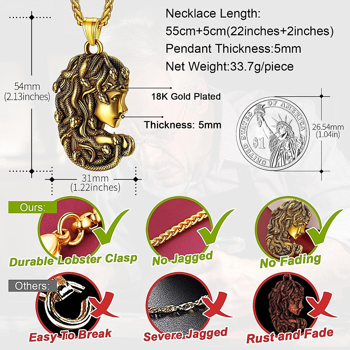 FaithHeart Womens Medusa Snake Necklace Gold Plated Greek Culture Jewelry Goth Snake Head Pendant Neck Charms for Male