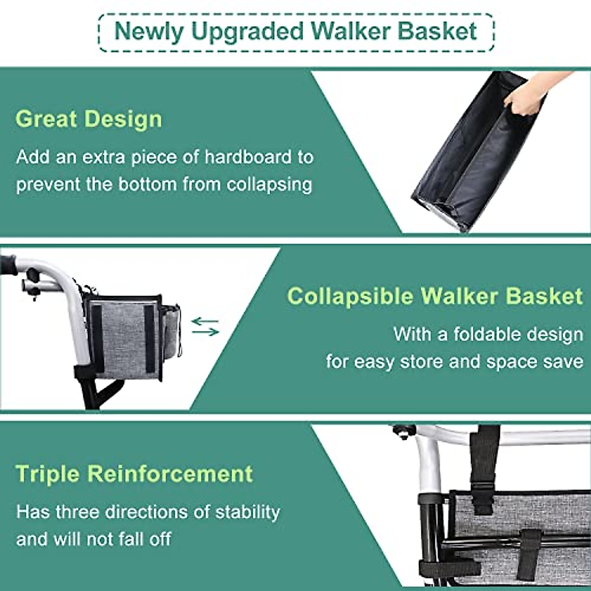 Basket for Walker, Ravmix Walker Accessories Bag with Cup Holder, Walker Basket for Folding Walker Hands-Free Storage Bag with Big Capacity & Never Tipping Over, Space Gray