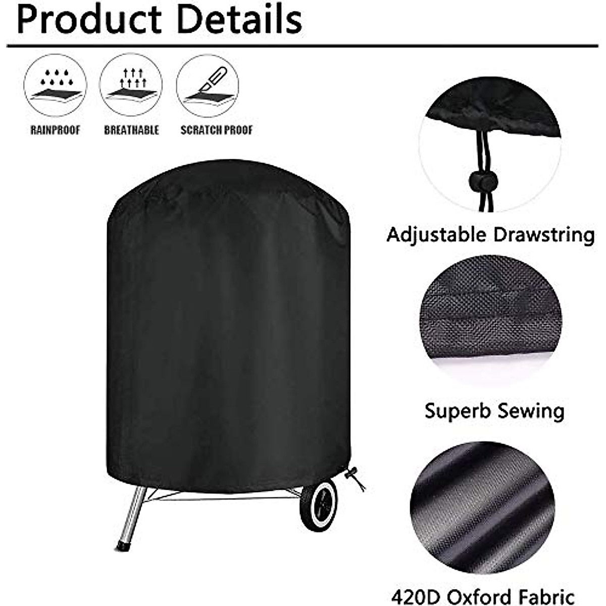 POMER Round BBQ Grill Cover 30inch, Waterproof Oxford Fabric Garden Barbecue Cover with Drawstring Cord