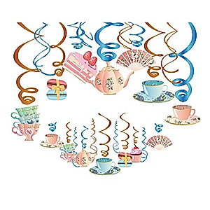 Kristin Paradise 30Ct Tea Time Hanging Swirl Decorations, English Tea Ceremony Party Supplies, Alice in Wonderland Birthday Theme Vintage Floral Decor for Boy Girl Baby Shower, Teacup Teapot Favors