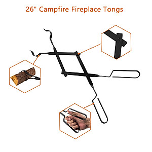 BQMAX 40-inch Fire Pit Poker and 26" Log Grabber Outdoor Fire Pit Tool Kits, Fireplace Poker and Log Tong for Outdoor Campfire, Camping, Wood Stove, Black Steel