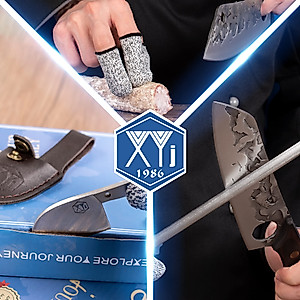 Authentic XYJ Since 1986,Camp Cooking Knives Set,High Carbon Steel Slicing Chef Knife With Kitchen Scissors,Carry Bag,Sharpener Rod,Butcher Meat Vegetable Knife,Full Tang,Hammer Finished