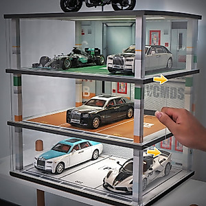 kivcmds Model Car Display Case 1:18 Scale Diecast Diorama Garage with Lights for Lego Alloy Car Collectibles Wood Storage Shelf,3 Tiers of 9 Parking Spaces