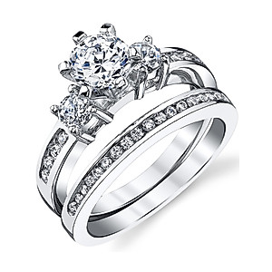 Sterling Silver Cubic Zirconia 1.15 Carat TW Round Cut Wedding Engagement Ring 2 Piece Set Band SZ8