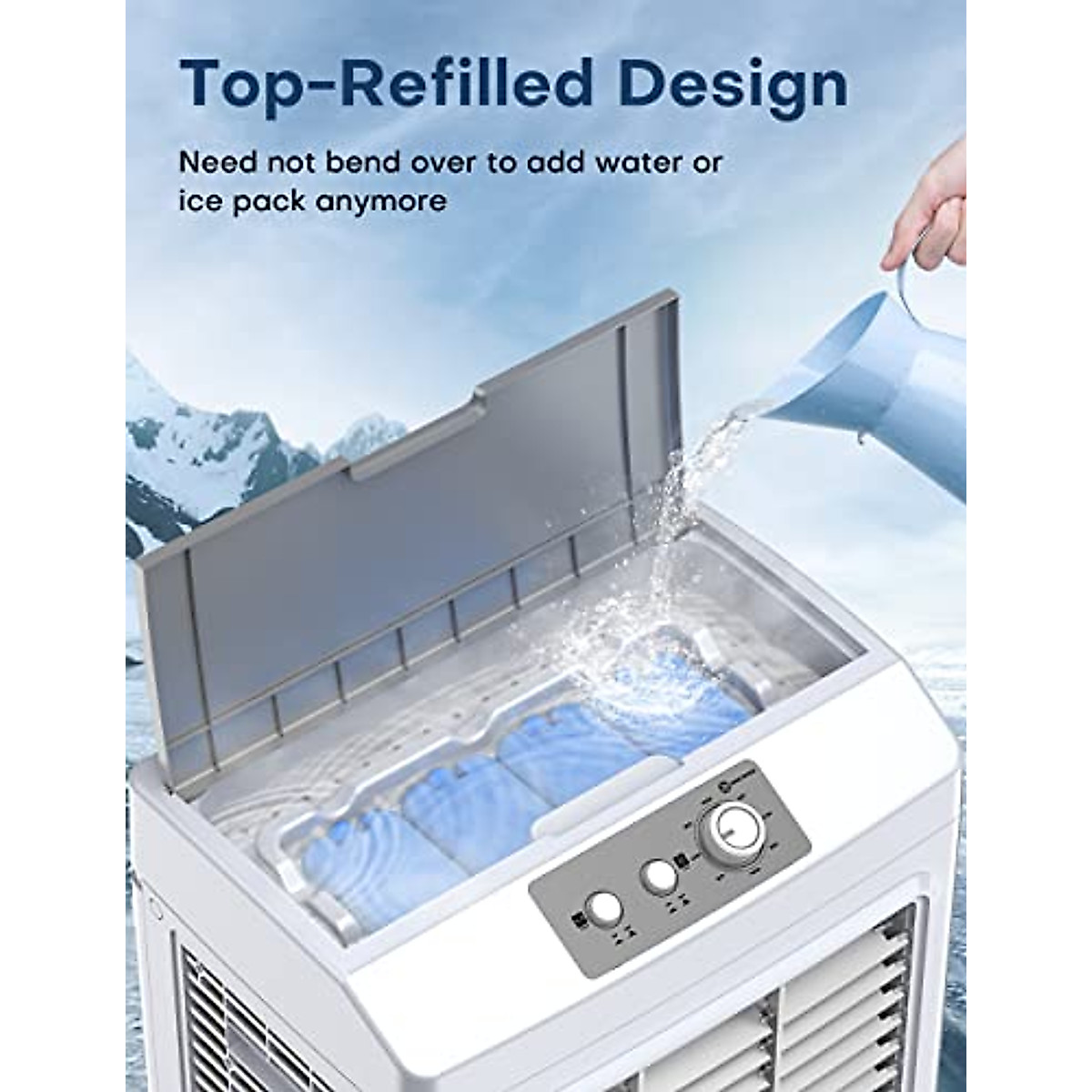 Evaporative Air Cooler, Breezewell 2100 CFM Outdoor Air Conditioner, 8 Gallon Windowless Air Conditioner for Room w/ 3 Speed, 4 Ice Pack, 4 Scroll Casters, Swamp Cooler for Outdoor Indoor Use