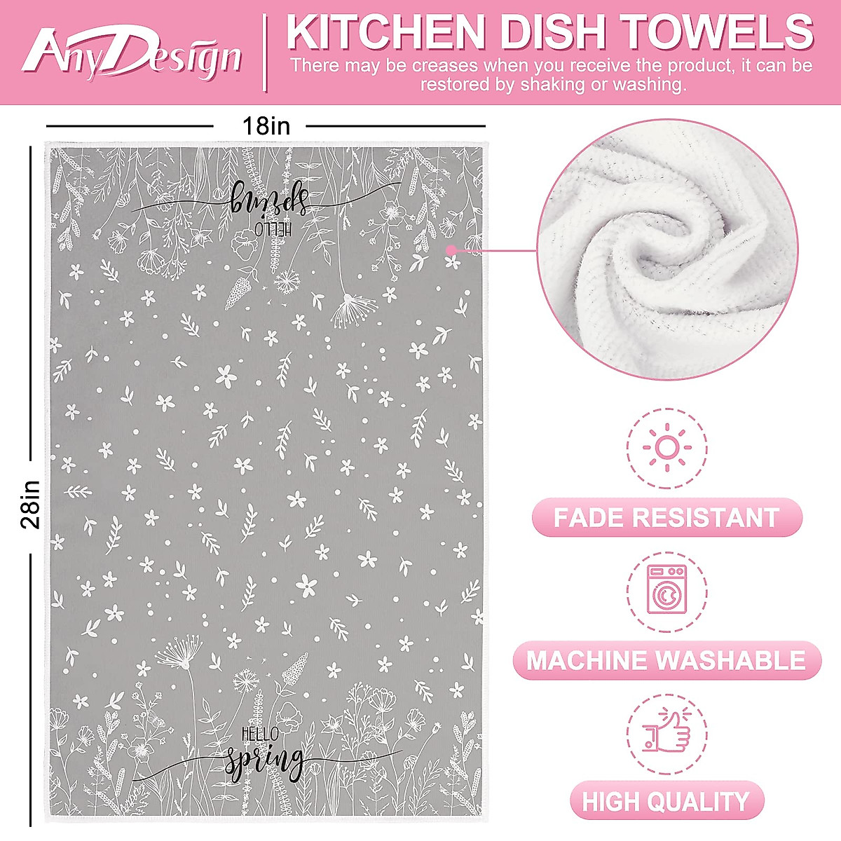 AnyDesign Easter Spring Kitchen Towel Gray Farmhouse Easter Bunny Rabbit Floral Dish Towel 18 x 28 Inch Rustic Hand Drying Tea Towel for Cooking Baking Cleaning Wipes, Set of 2