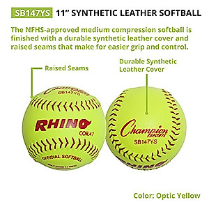 Champion Sports 11" Syntex Leather Cover Softballs - Poly Core - Medium Compression - NFHS Approved - Raised Seams - Optic Yellow - Pack of 12