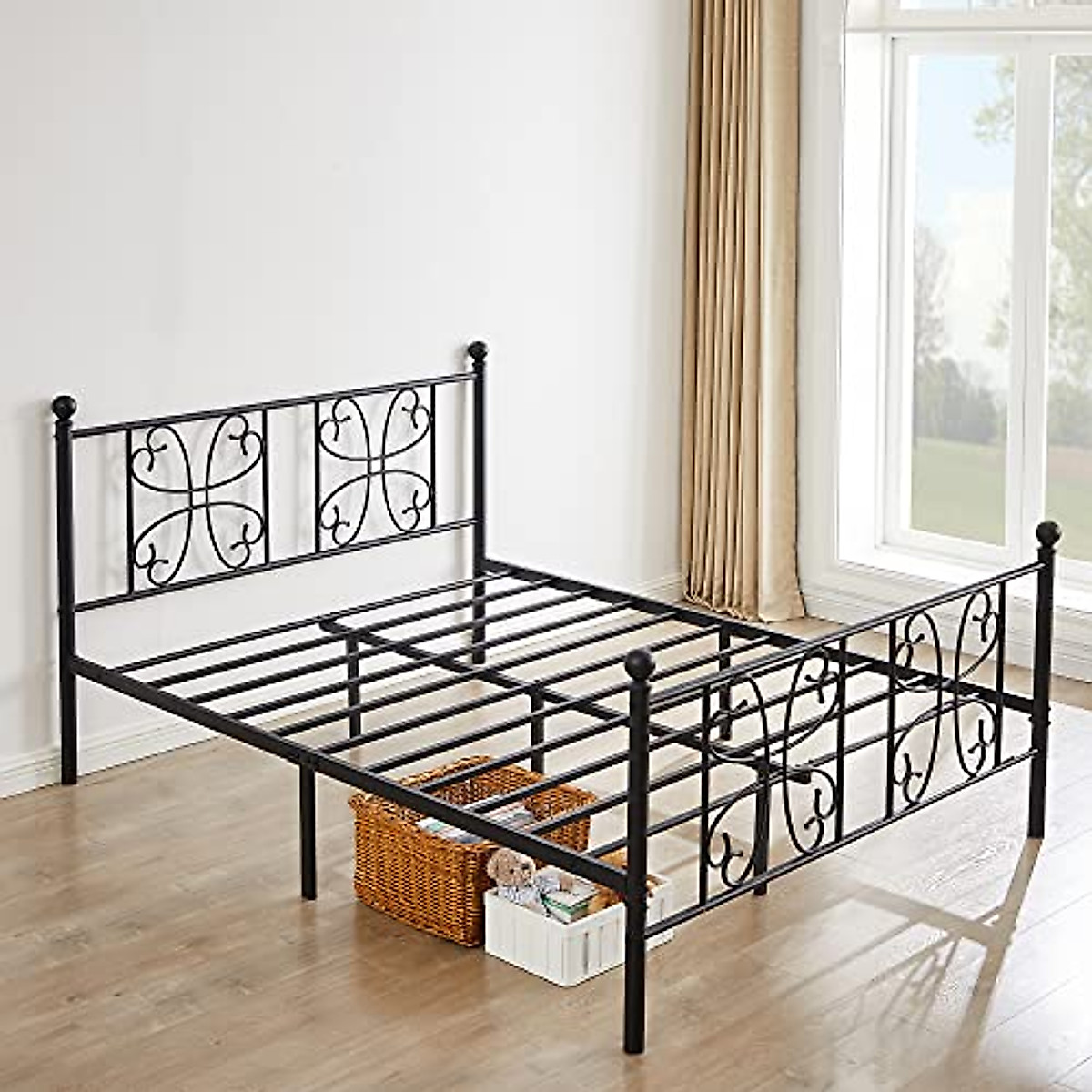 VECELO Queen Metal Platform Bed Frame Mattress Foundation with Iron-Art Headboard and Footboard, No Box Spring Needed, Noise-Free, Easy Assembly, Under Bed Storage