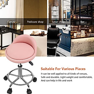 KKTONER PU Leather Round Rolling Stool with Foot Rest Height Adjustable Swivel Drafting Work SPA Task Chair with Wheels (Pink)