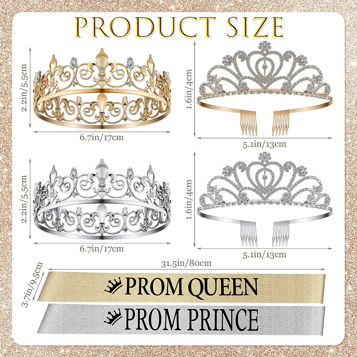 SilTriangle 18 Pcs Prom Costume Headwear Set - Shiny Satin Crowns & Sash for King, Queen, Prince, Princess, and Prom Court - Elegant Accessories for Graduation, Cosplay, Party