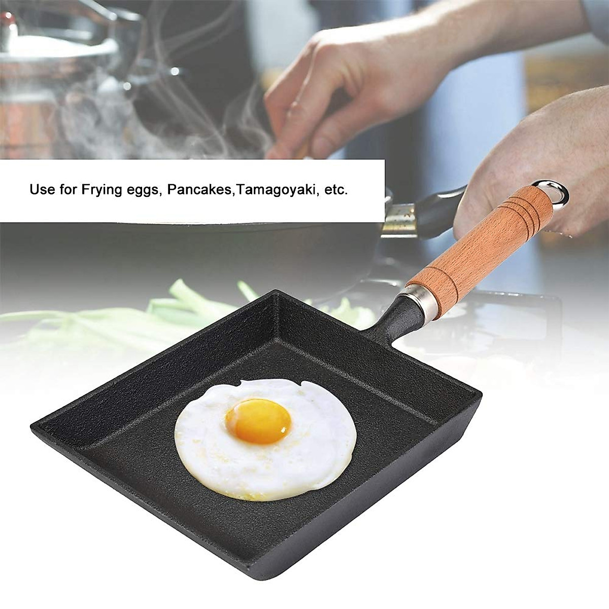 Vikye Tamagoyaki Japanese Omelette Pan/Egg Pan, Mini Frying Pan Iron Omelette Pot Tamagoyaki Wooden Handle Pan Works on Gas, Halogen, Ceramic & Induction Cooktops