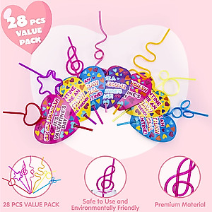 JOYIN 28 Pack Valentines Day Gift Cards with Gift Colorful Crazy Loop Reusable Drinking Straws for Classroom Exchange Prizes, Valentine Party Favors Toy