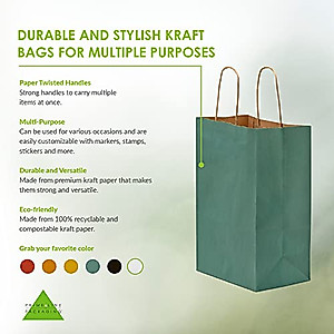 Green Gift Bags - 8x4x10 Inch 50 Pack Small Kraft Paper Shopping Bags with Handles, Craft Totes in Bulk for Boutiques, Small Business, Retail Stores, Birthday Parties, Jewelry, Merchandise, Bulk