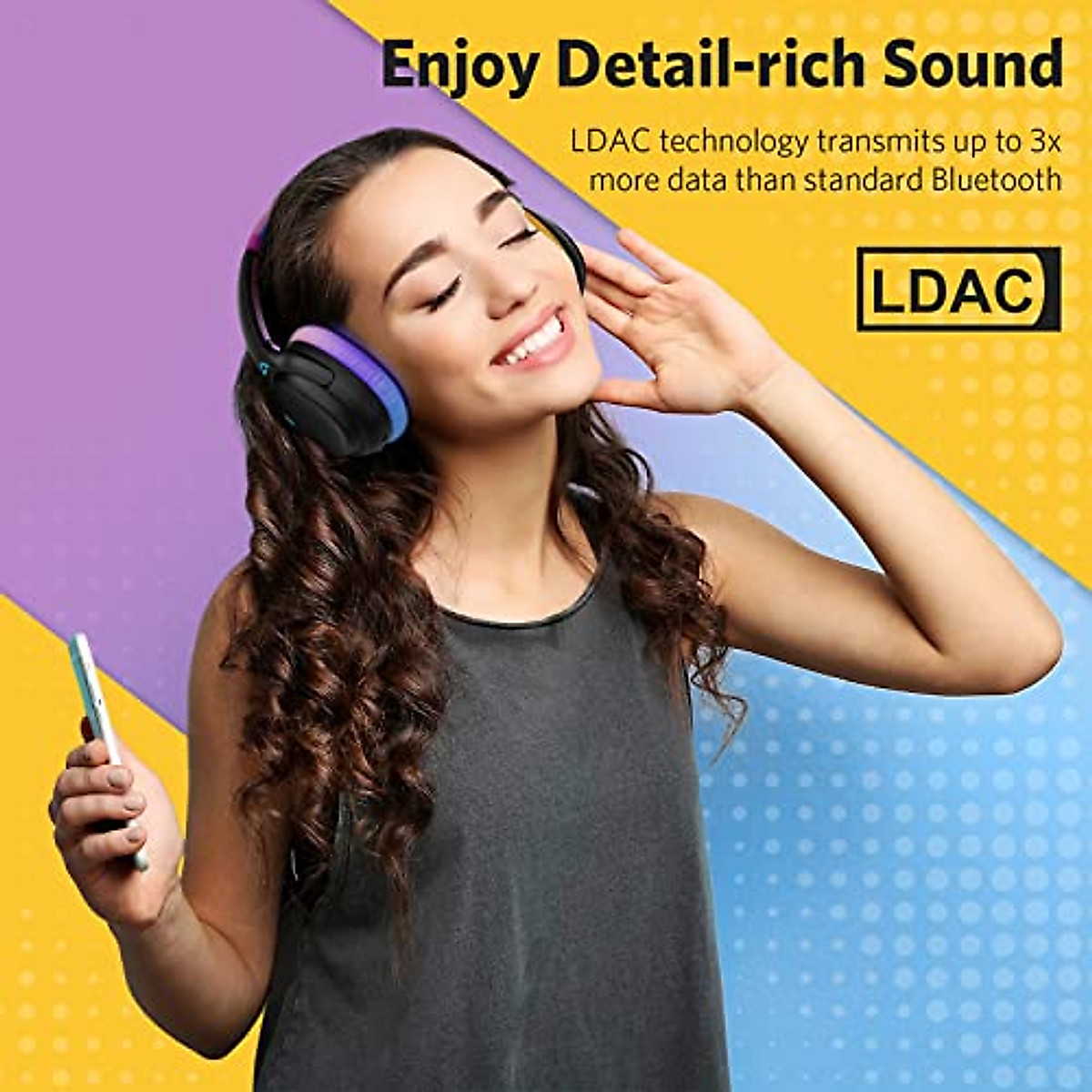 Ankbit E700 Bluetooth 5.1 Headphones with Hybrid Active Noise Cancelling, Over-Ear Wireless Headphones with LDAC for Hi-Res Wireless Audio, aptX HD & Low Latency, Clear Calls, 60H Playtime, Colourful
