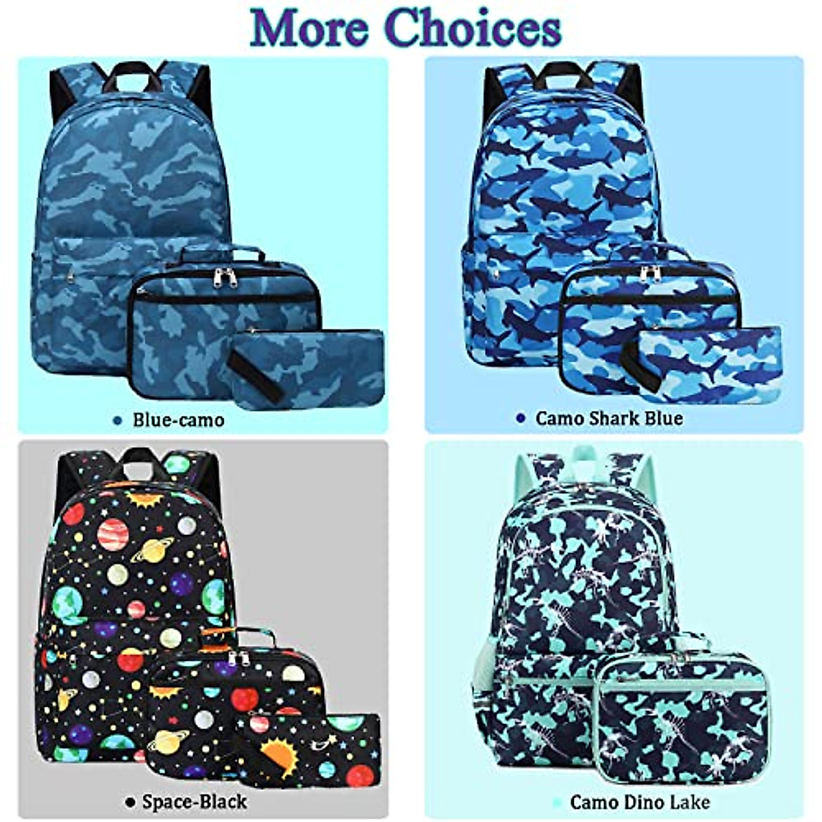 Octsky Kids Backpack for School Girls Boys Backpack with Lunch Box Set Elementary High School Book Bag Backpack for Teens Camo Shark Blue