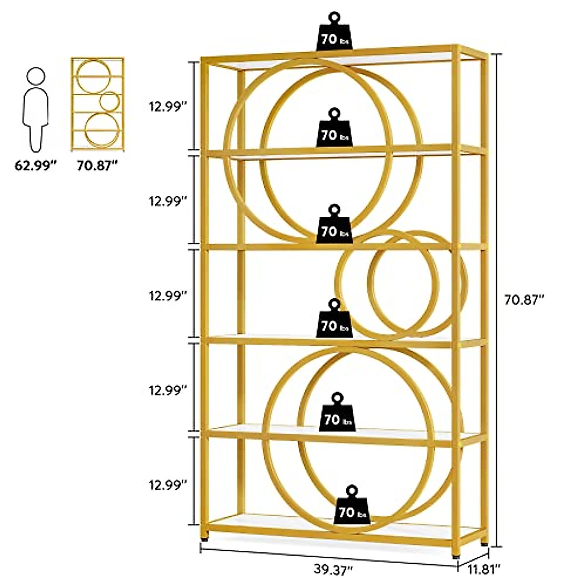 Tribesigns 5-Tier Bookshelf, 71" H Gold Book Shelf Large Bookcases and Bookshelves with Chic Circular Design, Tall Open Display Shelf Storage Rack for Home Office Living Room, Bedroom, White&Gold
