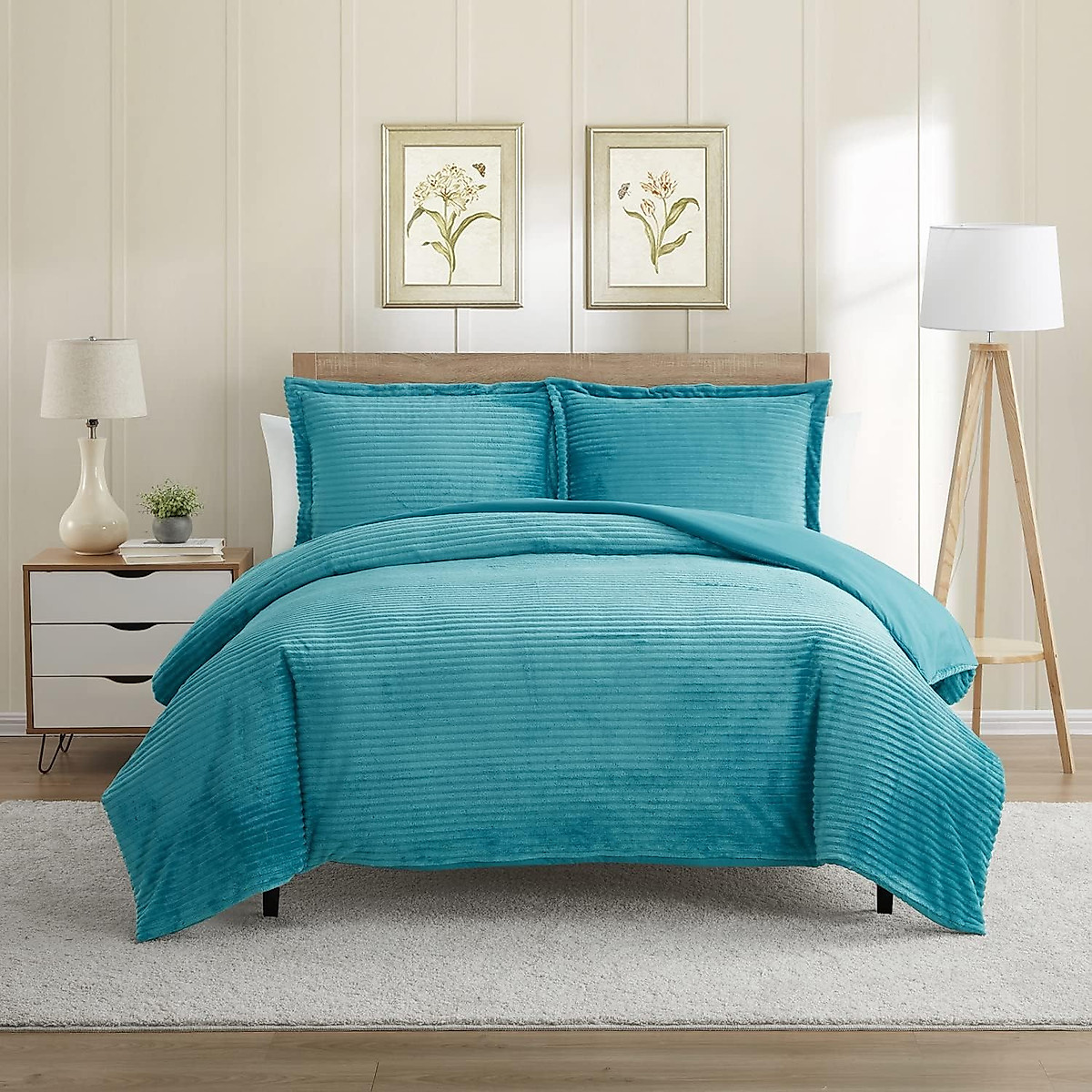 Hearth & Harbor Premium Flannel Duvet Cover Set - 3 PC Reversible King Comforter Cover Set with Microfiber Back - 1 Velvet Duvet Cover King & 2 Pillow Shams 104 x 90 inches - Teal
