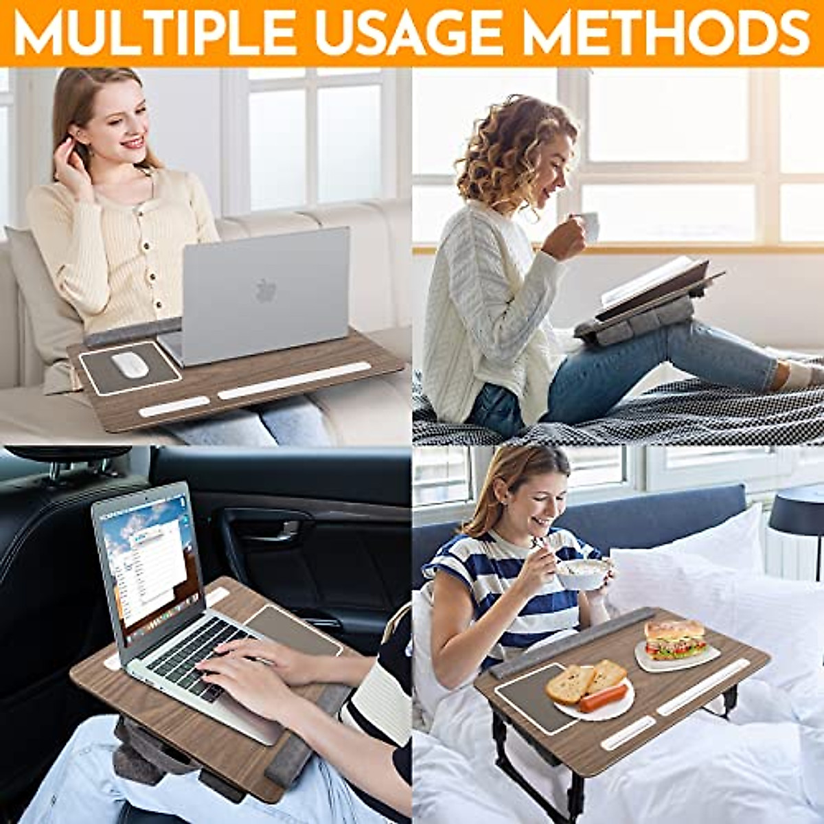 Lap Laptop Desk-Fits Up to 17.3 Inch Foldable Laptop Bed Tray Table with Adjustable Dual Cushion,Portable Wood Laptop Stand for Sofa Bed,Laptop Desk with Multifunctional Slot（Coffee Color）