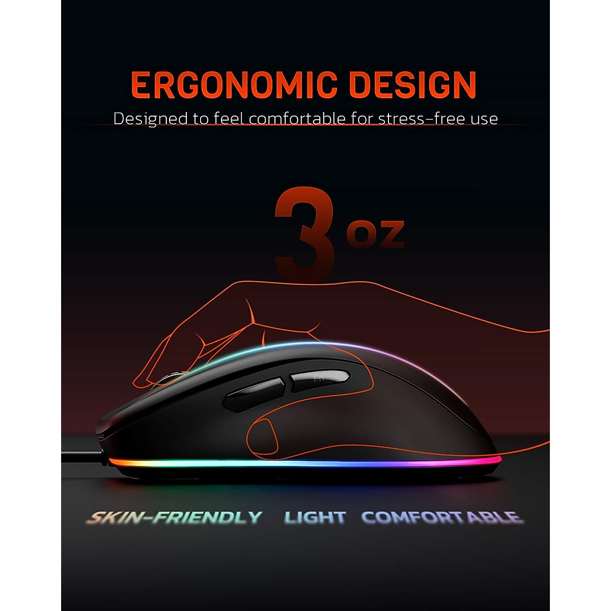 DAREU Wired Gaming Mouse, 6400DPI,6 Programmable Buttons, Ergonomic RGB Gaming Mouse with 16.8 Million Chroma 7 Backlit for PC, Laptop, and Notebook