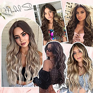 N NAYASA Long Wavy Middle Part Wig for Women Synthetic Curly Wigs Natural Wavy Heat Resistant Wig for Daily Party Use (Brown Mixed Blonde,24inch)