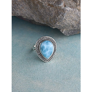 YoTreasure Solid 925 Sterling Silver Pear Shape Larimar Ring