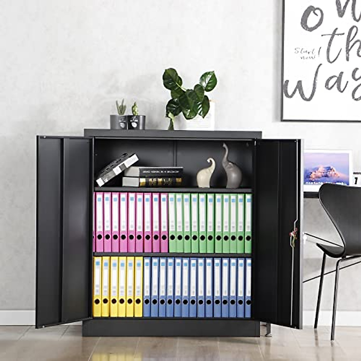 GREATMEET Metal Storage Cabinet with Lockable Doors and 2 Adjustable Shelves,Locking Steel Counter Cabinet for Home Office 120lbs Capacity per Shelf 41.6" H x 36" W x 18" D (Black)