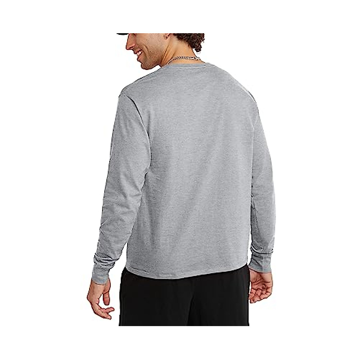 Champion Long Sleeve, Classic T-Shirt for Men (Reg. or Big & Tall), Oxford Gray Script, Large