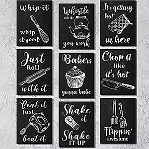 Zonon 9 Pieces Kitchen Wall Posters Funny Farmhouse Kitchenware with Sayings Posters Decor with 40 Glue Point Dots for Restaurant Cafe Bar Kitchen Dinning Room Decorations (Black,11 x 14 Inch)