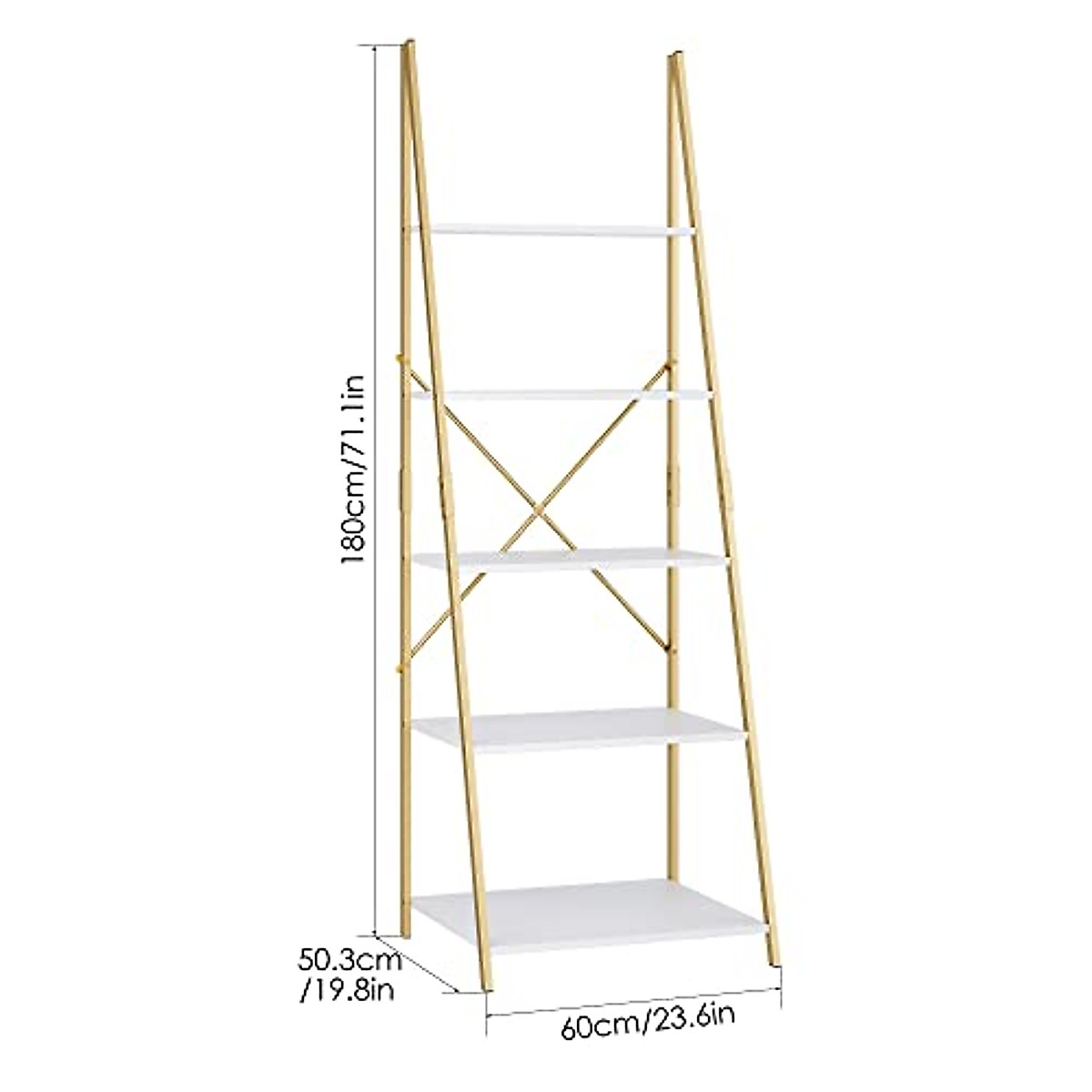 finetones 5-Tier Ladder Shelf, Free Standing A-Shape Display Bookcase, Storage Organizer Unit with Metal Frame, Flower Stand Plant Rack for Living Room, Kitchen, Bathroom, Home Office, White/Gold