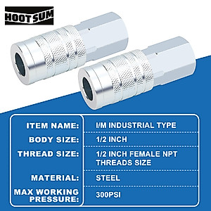 HOOTSUM 1/2” Air Hose Fittings Set, High Flow 2PCS I/M Industrial Type Coupler with 1/2” FNPT, 3PCS Plugs with 1/2” NPT, 5PCS Steel Air Compressor Accessories Quick Connect Fittings 300PSI