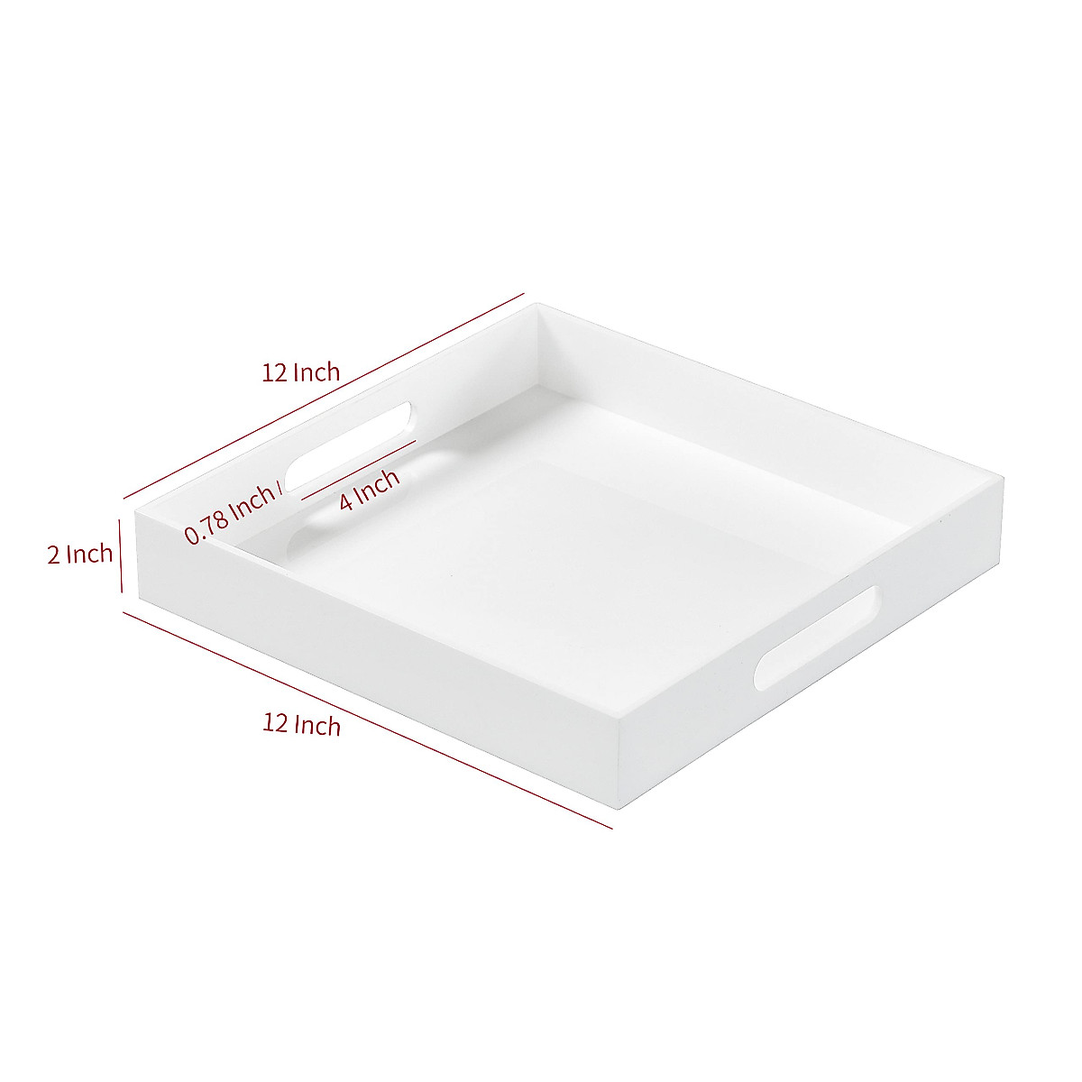 KEVJES Glossy White Acrylic Serving Tray with Handles-Acrylic Tray for Ottoman,Coffee Table, Breakfast, Tea, Food, Butler - Decorative Tray (12x12x2H Inch with, White)