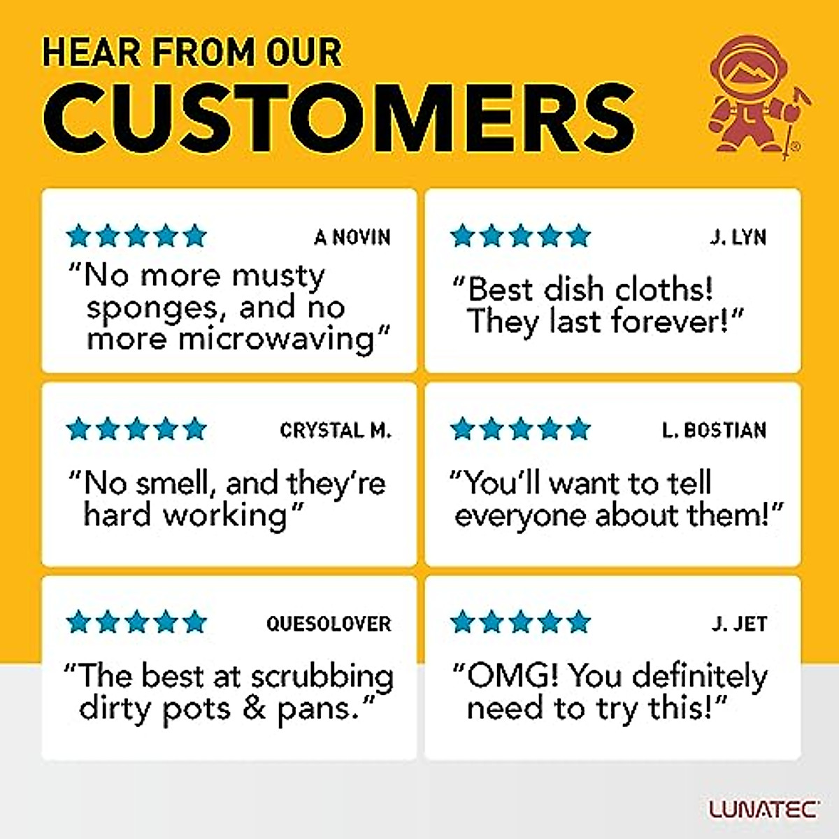 Lunatec Odor-Free Dishcloths. The Perfect Scrubber, Dish Cloth, Sponge and Scouring Pad to Clean Your Dishes, Pots & Pans, and Kitchen Gear. Ideal for Home, RV, Boat Galley and Camp Site. (4-Pack)