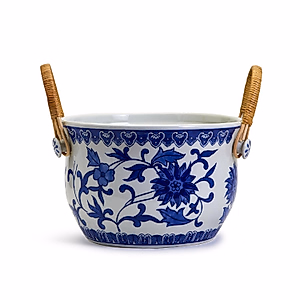 Two's Company Chinoiserie Blue and White Party Bucket with Bamboo Handles