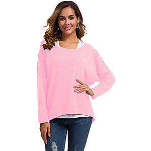 UGET Women's Oversized Baggy Tops Off Shoulder Loose Fitting Pullover Casual Blouse T-Shirt Sweater Long Batwing Sleeve X-Large Pink