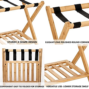 koyasiry Fully Assembled Luggage Rack,2-Packed,Foldable Bamboo Luggage Rack for Guest Room Suitcase Stand with Nylon Straps,Luggage Stand Bamboo Luggage Holder with Shelf for Bedroom,Hotel,No Assembly