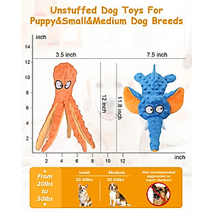 2 Pcs Dog Toys, Squeaky Dog Toys, No Stuffing Plush Dog Toys, Chew Toys with Crinkle for Puppy Teething, Durable Pet Toys for Small Medium Dogs, Elephant Blue + Octopus Dog Toys