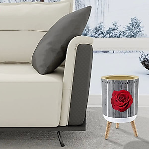 NBWEE Shabby Chic Small Trash Can with Lid Red Rose on Black and White on Wooden Board Wastebasket with Legs Simple Round Garbage Bin for Kitchen, Bathroom, Bedroom, Powder Room 1.8 Gallon - 7L