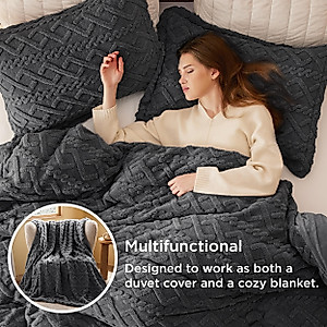 Bedsure Fluffy Comforter Cover Set - Faux Fur Duvet Cover King Size, Dark Grey Plush Quilt Cover, 3 Pieces,1 Duvet Cover (104"x90") with Zipper Closure and 2 Pillow Shams, Comforter Not Included